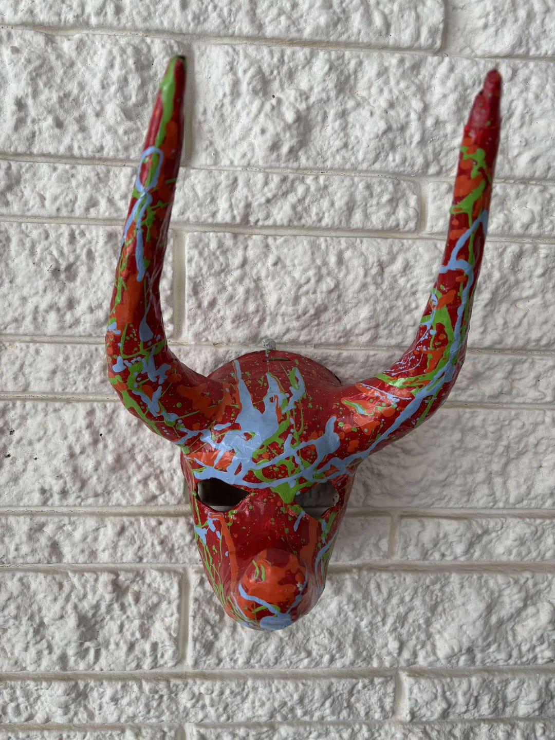 Papier Mâché Bull Mask - Red Splatter Art - Wall Art - Paper Mache ...