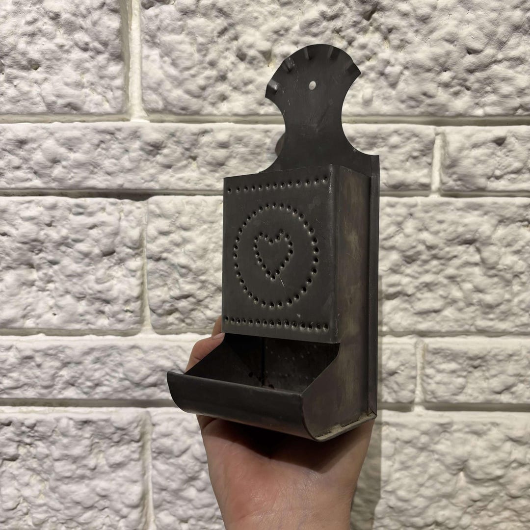Vintage Tin Metal Country Match Stick Holder - Tinware Punched Heart ...