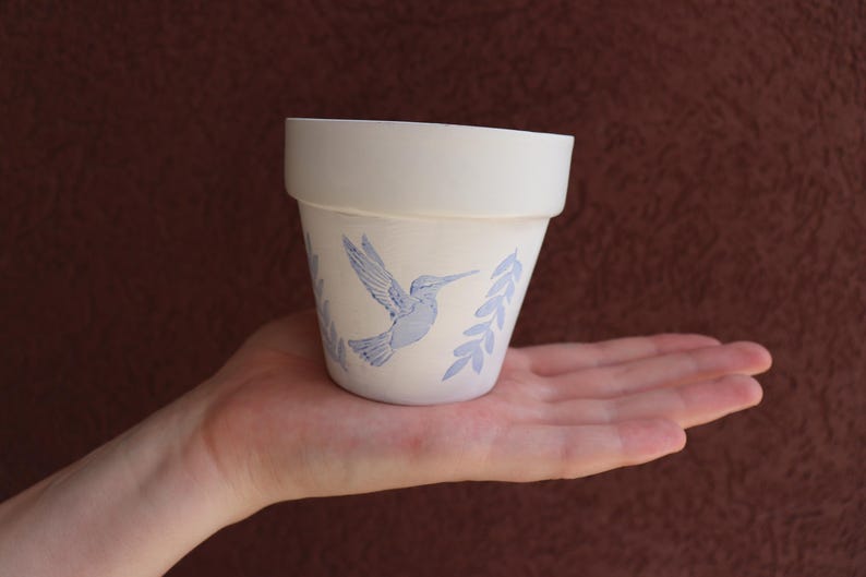 Triple Hummingbird Planters | X3 White Flower Pots and Saucers ...