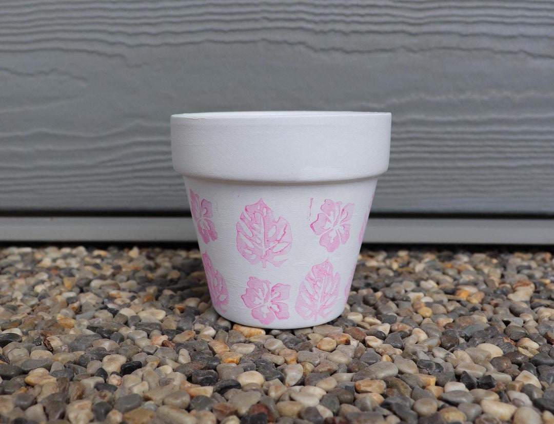 Pink Tropical Flower Planter | Cute White Flower Pot and Saucer ...