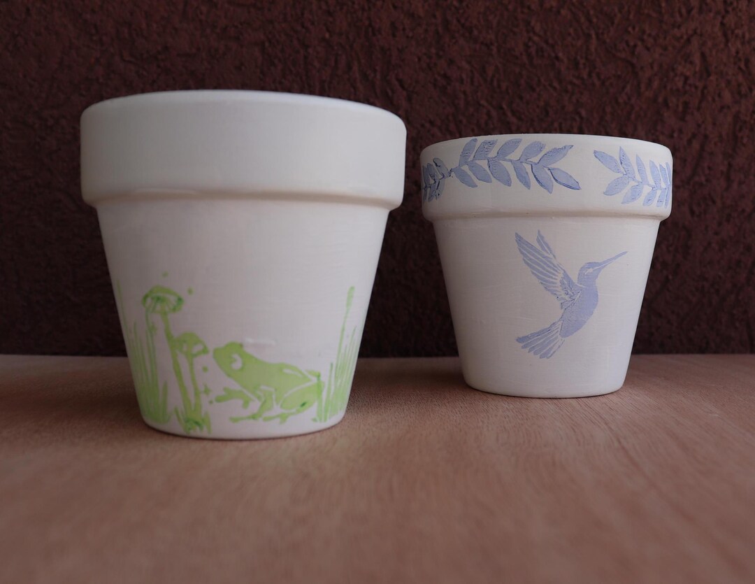 Two Planters, Cute Hummingbird & Frog | X2 White Flower Pots and ...