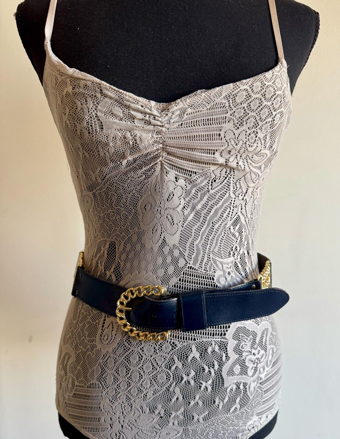 Vintage 80s Leather Belt: Dark Blue With Gold Chain Detail - Etsy