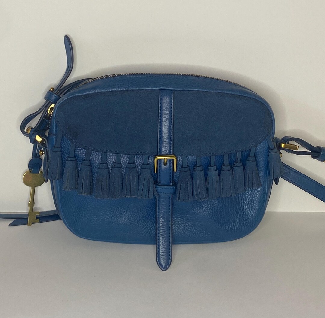 Fossil Blue Leather Crossbody Bag With Tassels Boho Chic Shoulder Bag ...