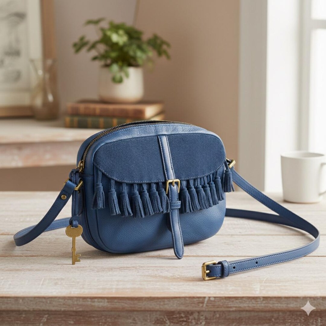 Fossil Blue Leather Crossbody Bag, Patina Blue Suede Fringe Purse, Boho ...