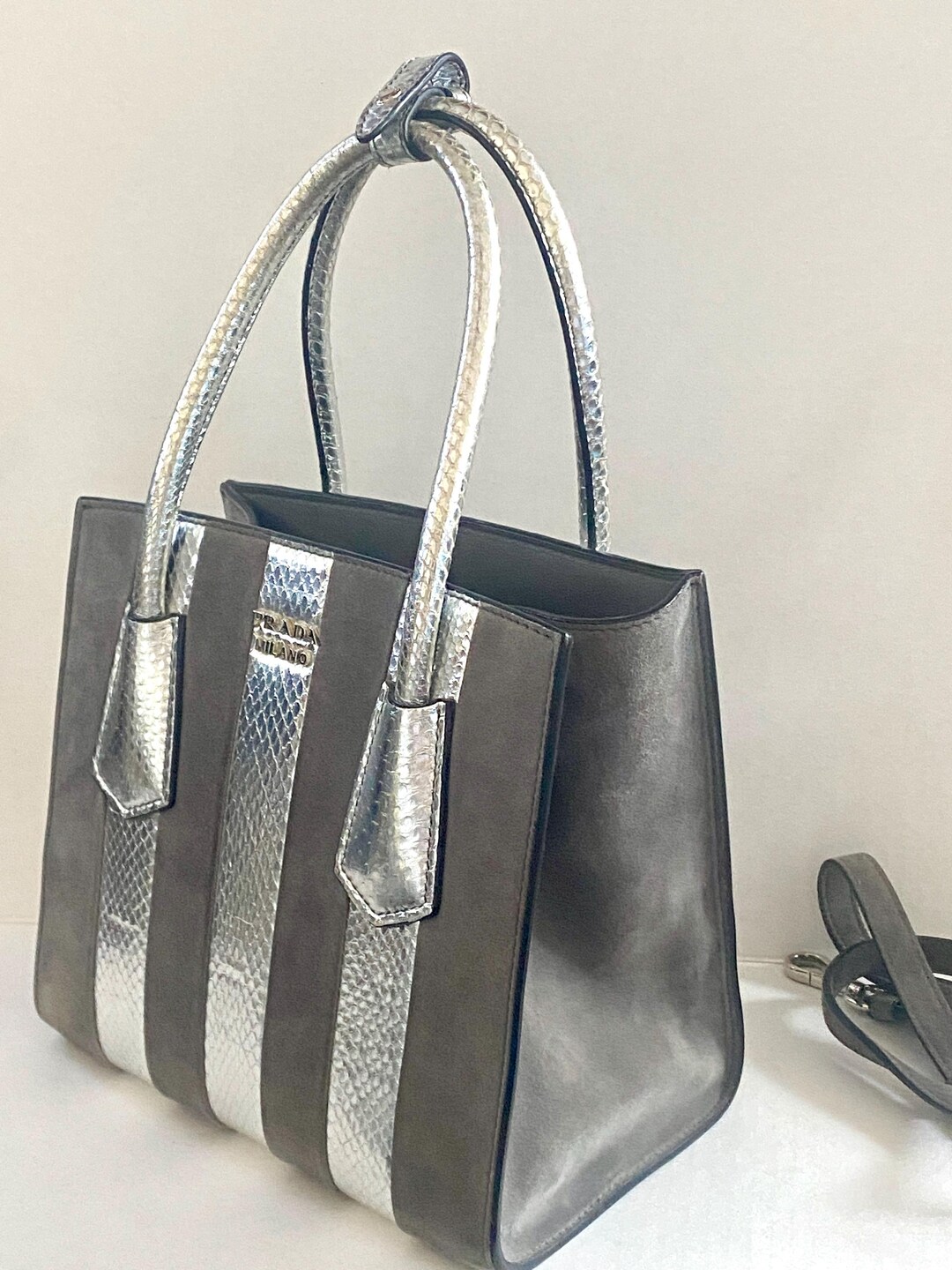 Prada 1BA037 Tote Bag Gray Suede &silver Snake Leather Crossbody Rare ...