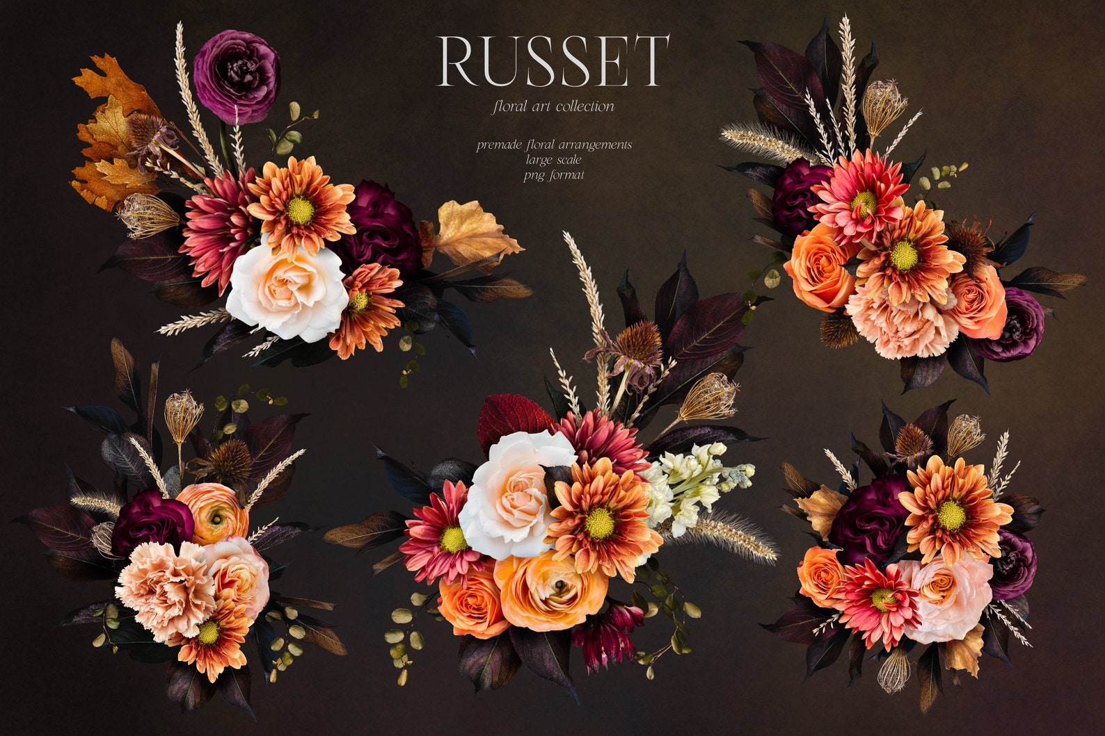 Russet Boho Floral Clip Art & Pattern Graphics Collection - Commercial ...