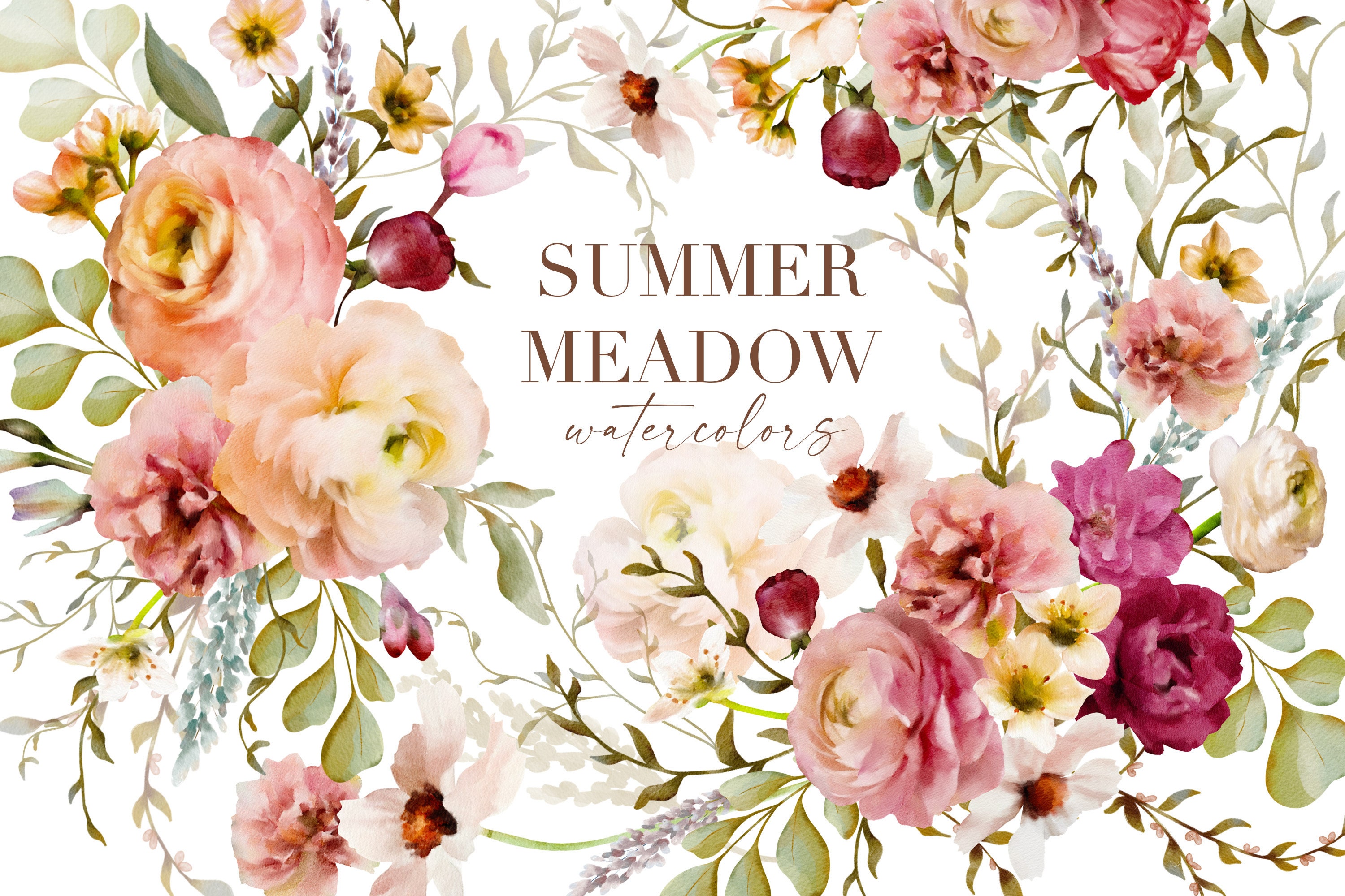Summer Meadow Watercolor Floral Clip Art & Pattern Graphics Collection ...