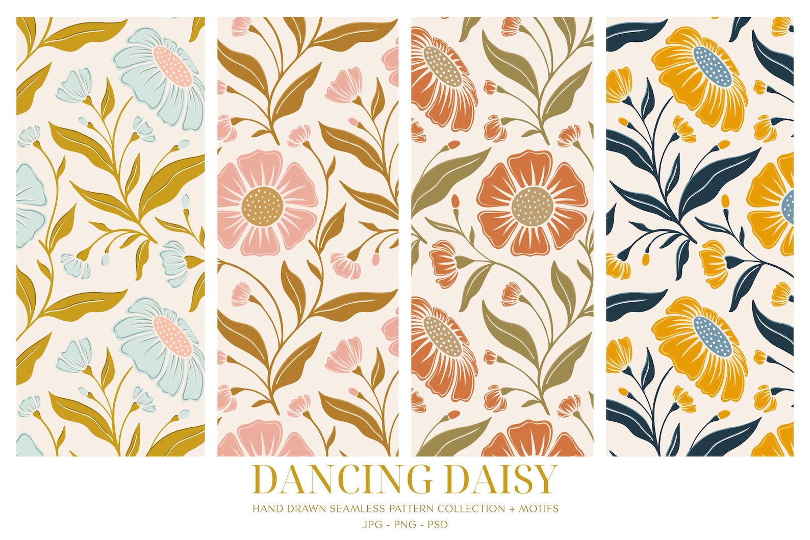 Dancing Daisy Hand Drawn Digital Pattern Graphics Collection Commercial ...