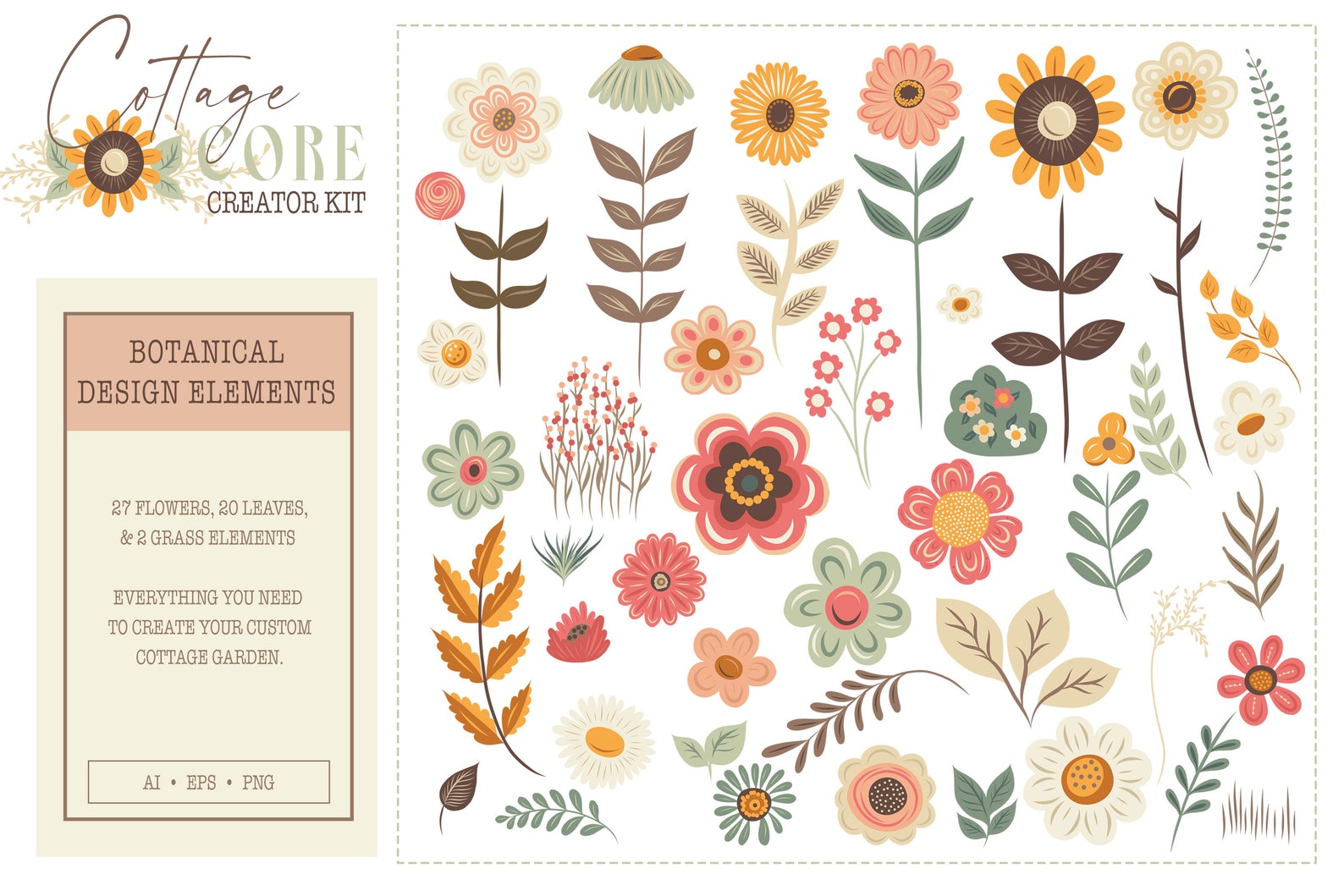 Cottage Core Floral Vector Illustration Clip Art Kit - Etsy