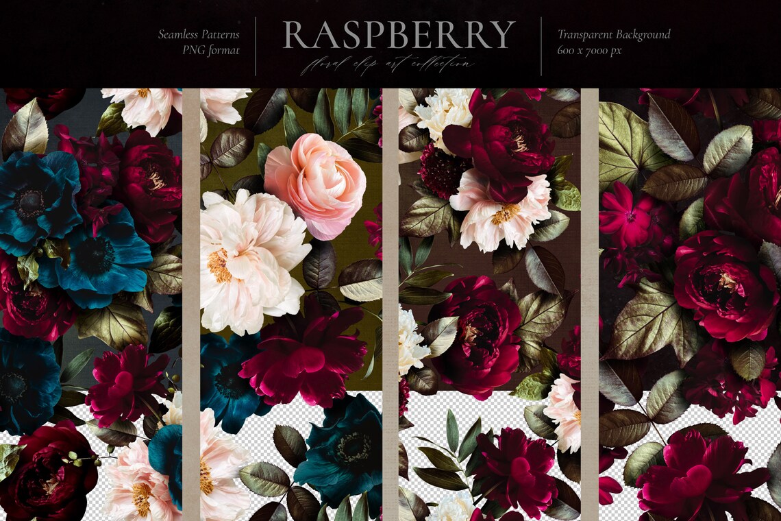 Raspberry Floral Clip Art & Pattern Graphics Collection - Etsy
