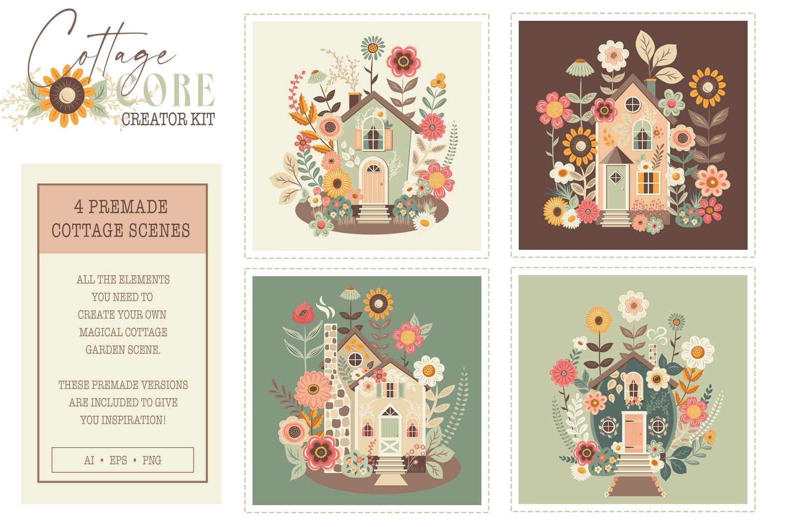 Cottage Core Floral Vector Illustration Clip Art Kit - Commercial Use ...