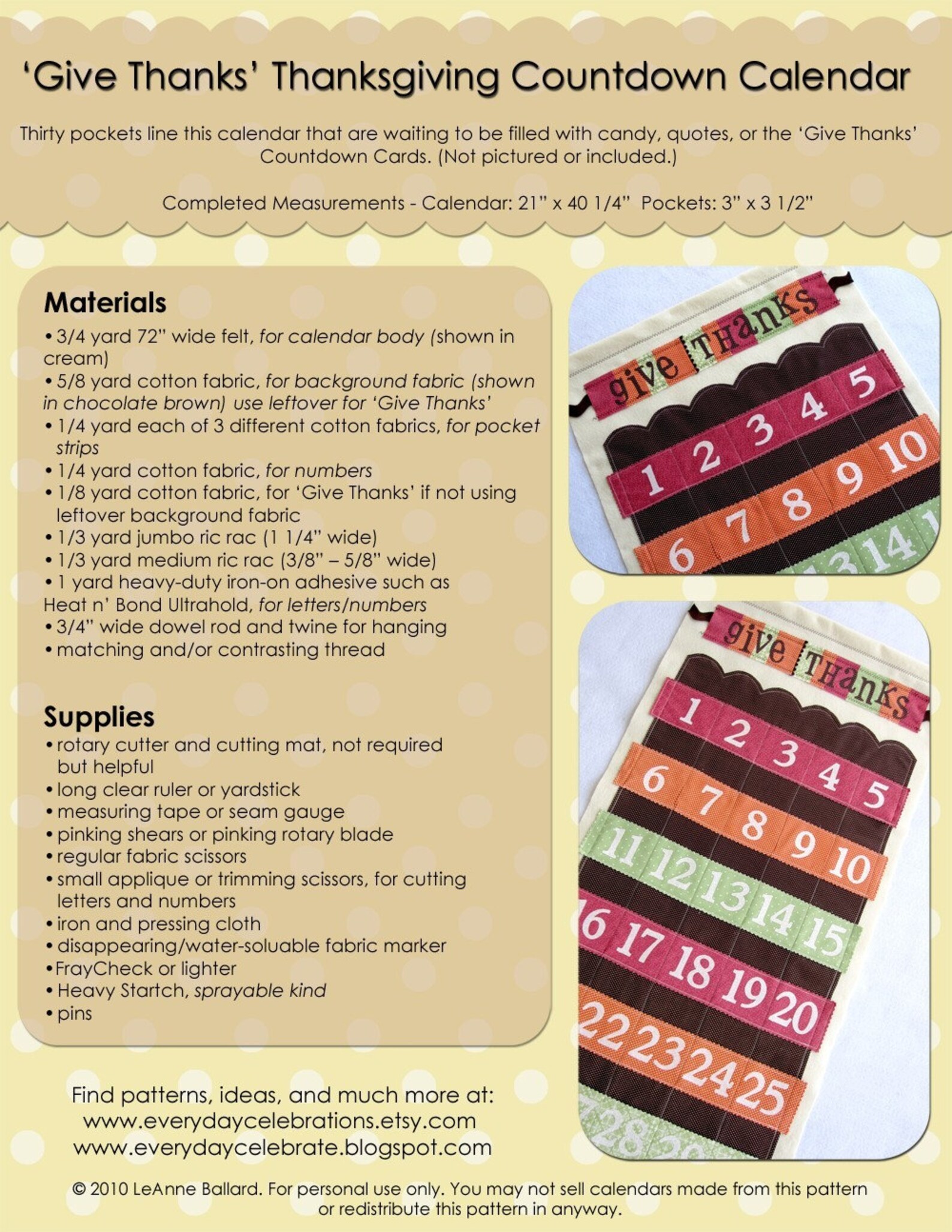 Thanksgiving Countdown Calendar PDF Pattern - Etsy