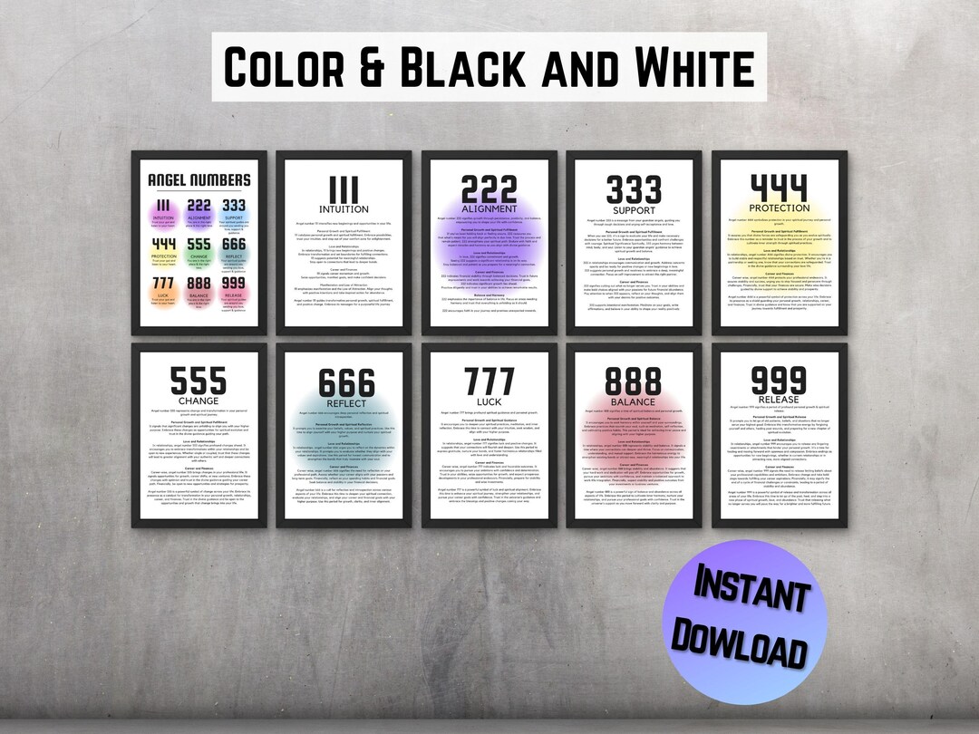 Angel Numbers Full Set, Complete Numerology Art Collection, Black and ...
