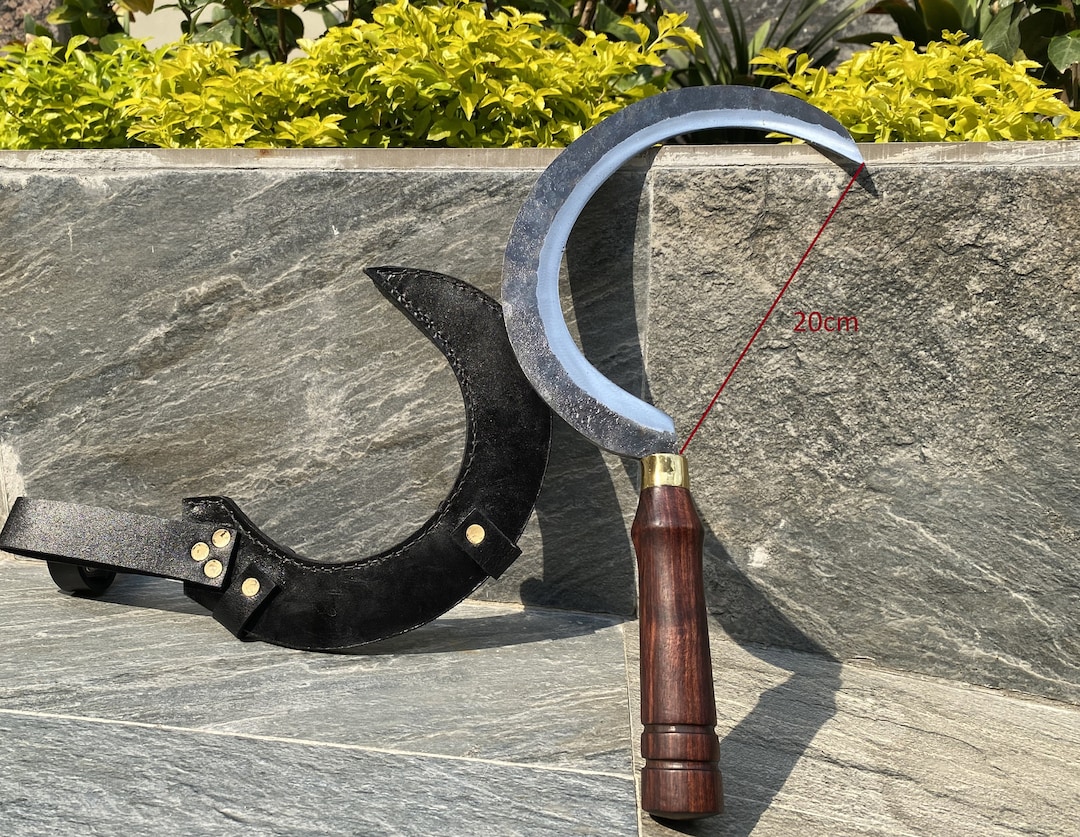 14-inch Hand Forged Caron Steel Leather-coated Sickle, Nepalese Sickle ...
