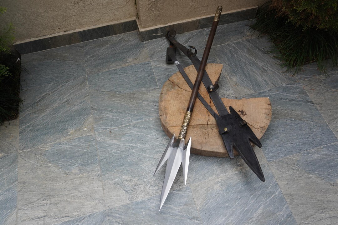 Hand Forged Carbon Steel Spear, Leather Sheath, Ceremonial Display - Etsy