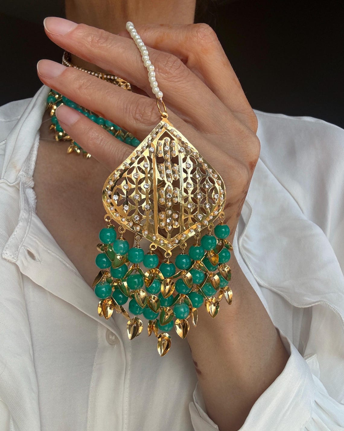 Heritage Pipal Patti Necklace Set | Gold Plated | Pearls & Stone Beads ...