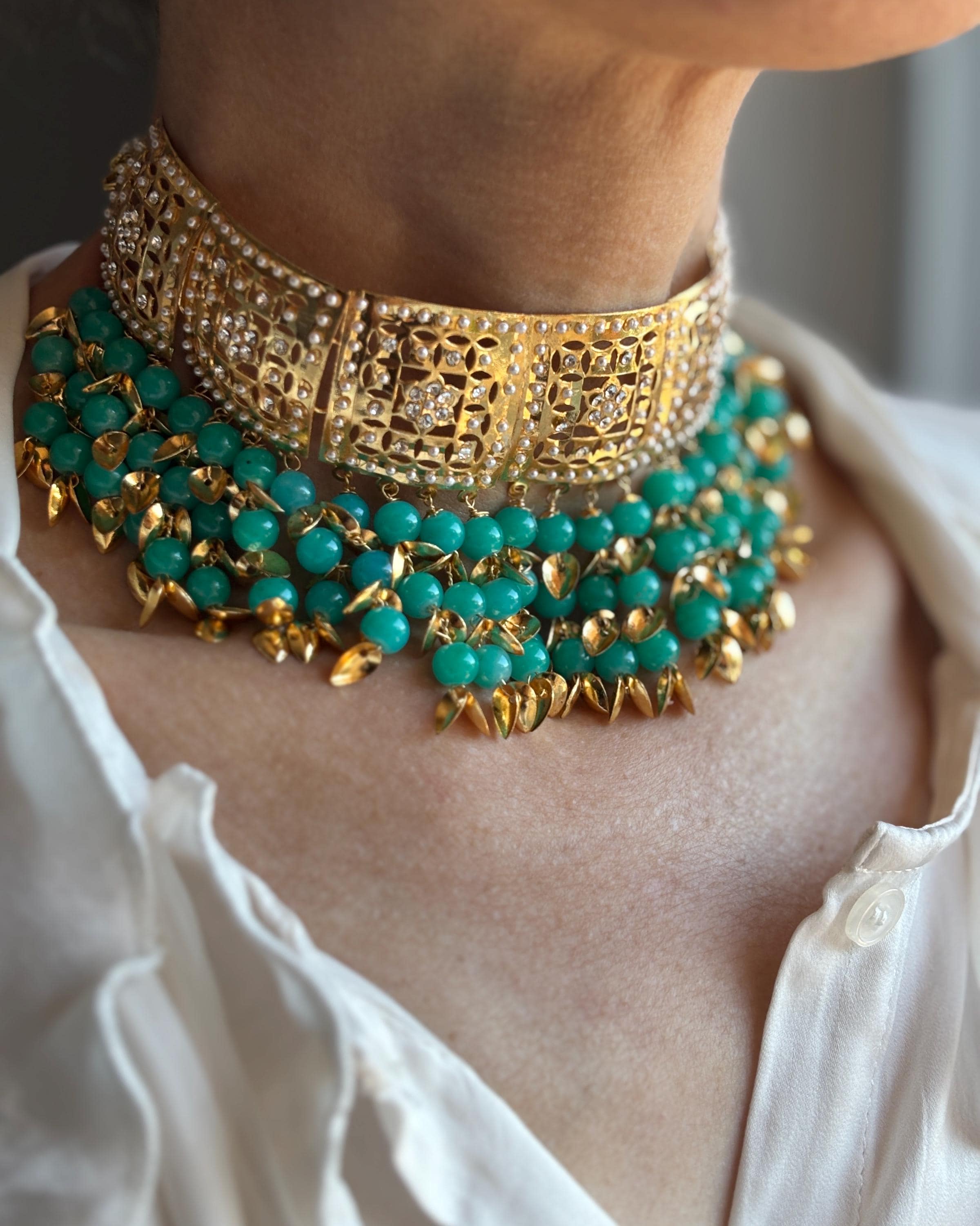 Heritage Pipal Patti Necklace Set | Gold Plated | Pearls & Stone Beads ...