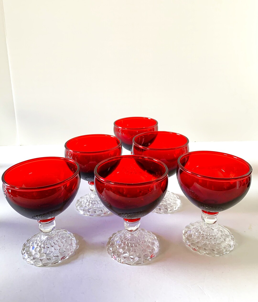 Vintage Ruby Red Anchor Hocking Bubble Foot Cordial Cocktail Glasses ...