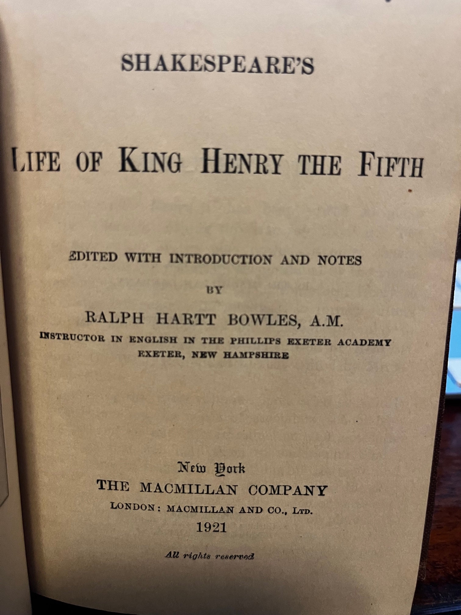 Rare 1921 Macmillan Pocket Edition King Henry V Shakespeare's the Life ...
