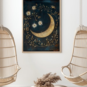Moon Folk Art Painting | Botanical Celestial Wall Art | Fine Art Print ...