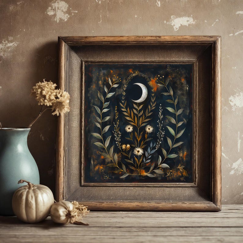 Botanical Folk Art Moon Painting Crescent Moon Print or Canvas ...