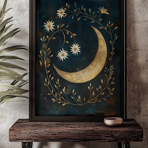 Moon Folk Art Painting Botanical Celestial Wall Art Fine Art Print or ...