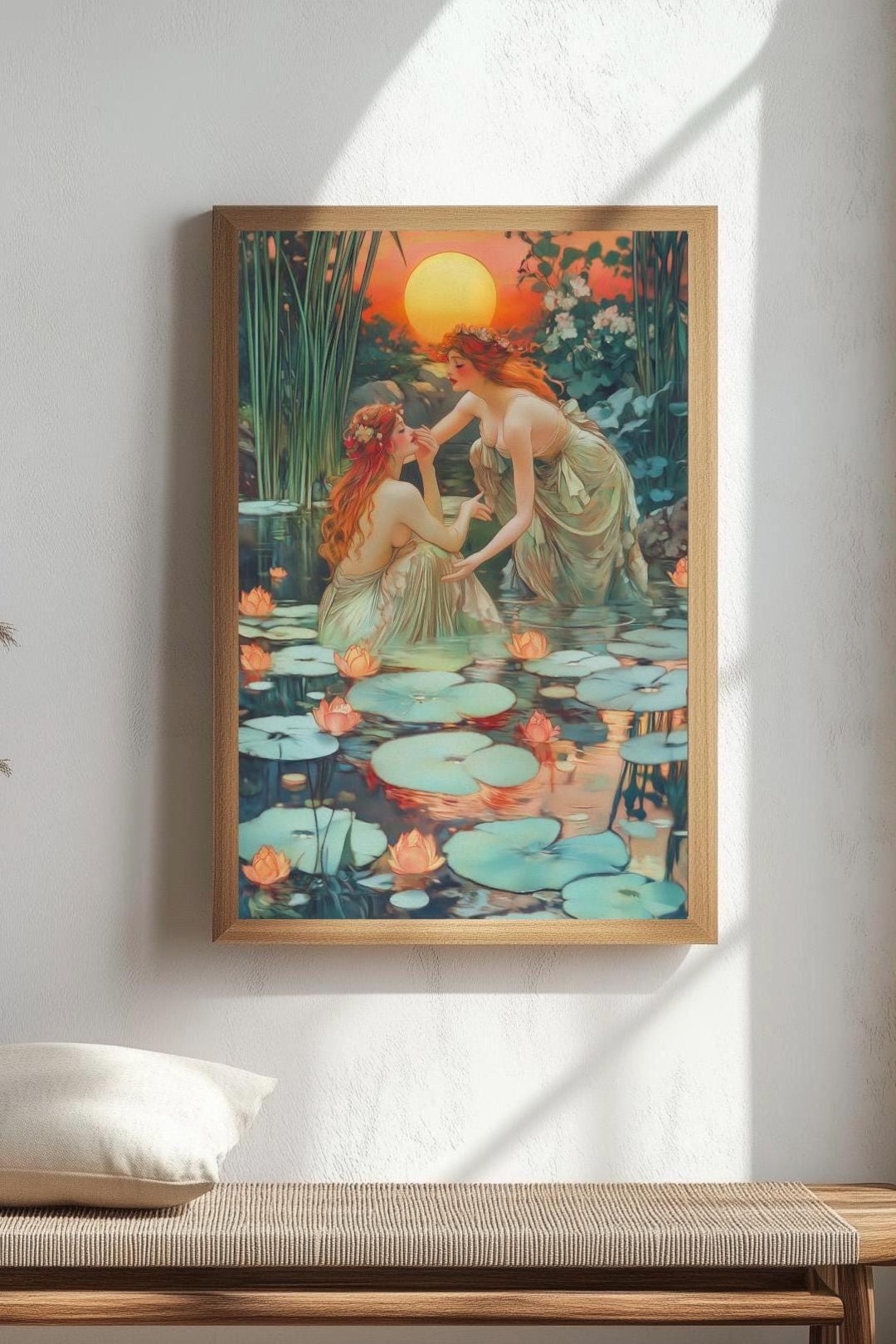 Art Nouveau Style Water Nymph Oil Painting, Soft Pastel Sunset With ...