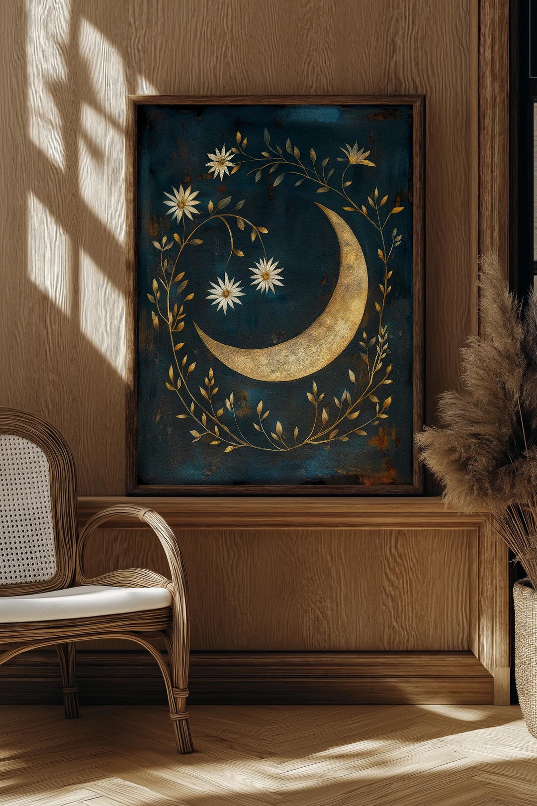 Moon Folk Art Painting Botanical Celestial Wall Art Fine Art Print or ...