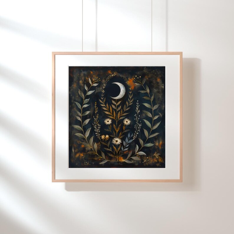 Botanical Folk Art Moon Painting Crescent Moon Print or Canvas ...