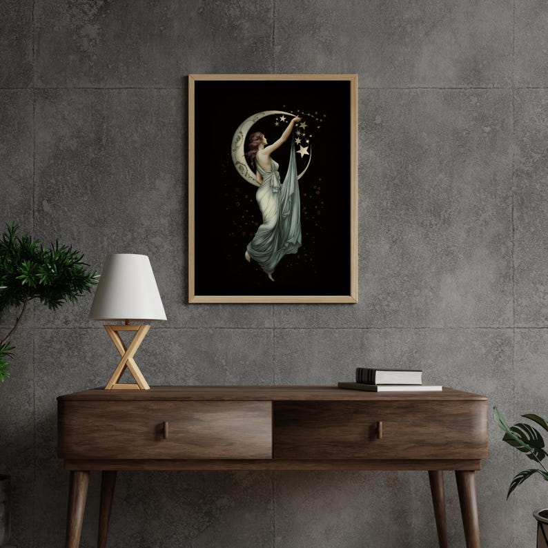 Vintage Style Art Nouveau Print, Retro Moon, Crescent Moon, Moon Witch ...