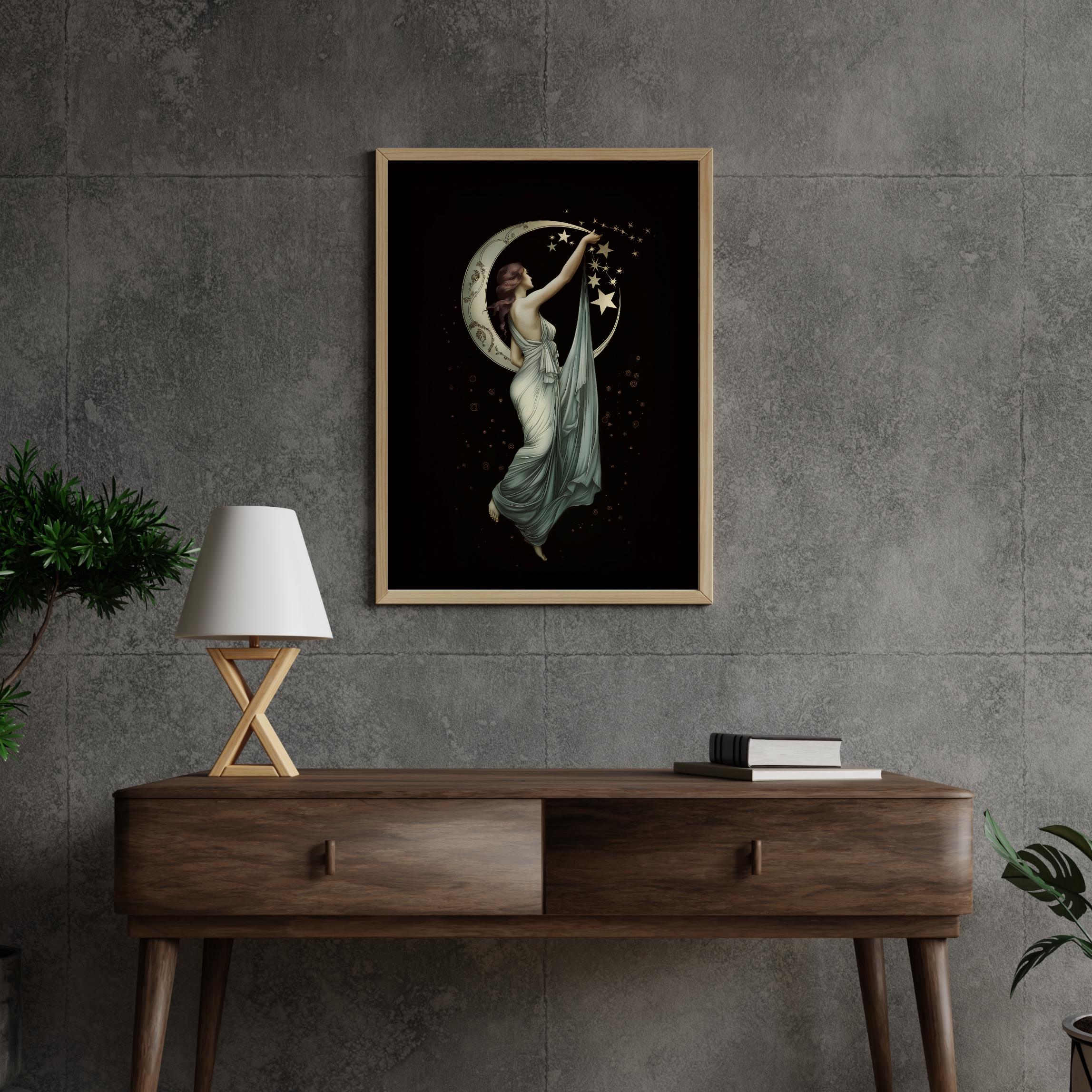Vintage Style Art Nouveau Print, Retro Moon, Crescent Moon, Moon Witch ...