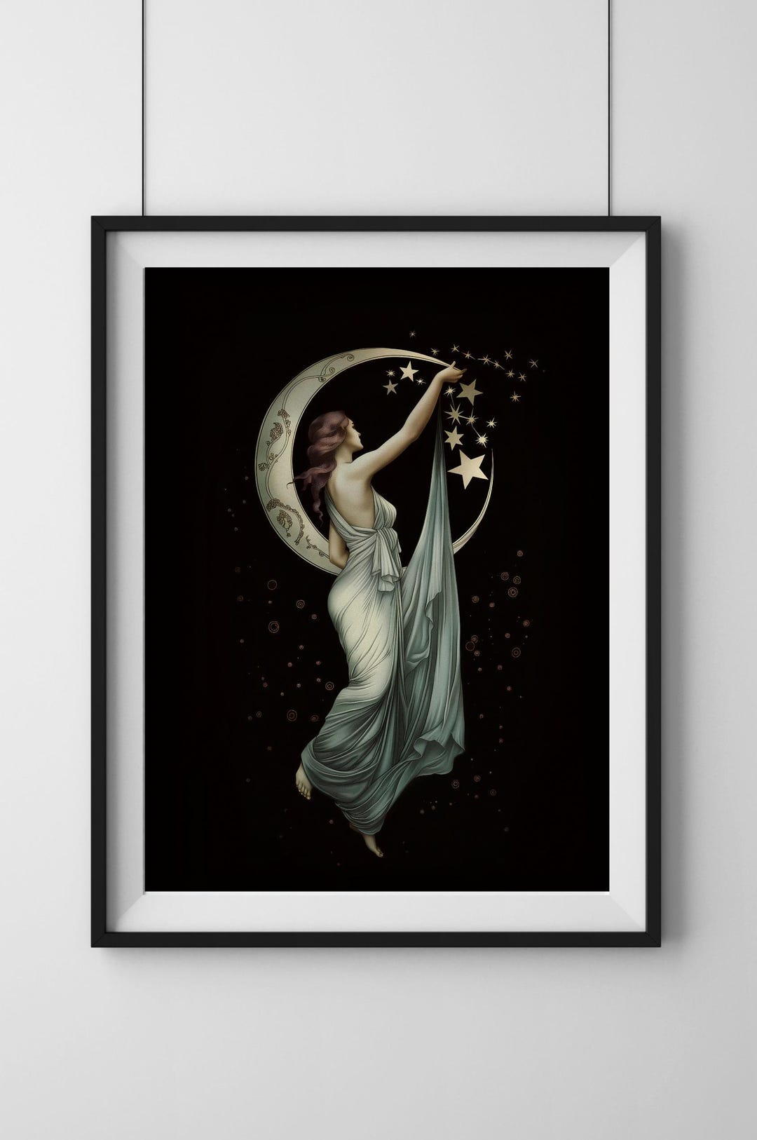 Vintage Style Art Nouveau Print, Retro Moon, Crescent Moon, Moon Witch ...