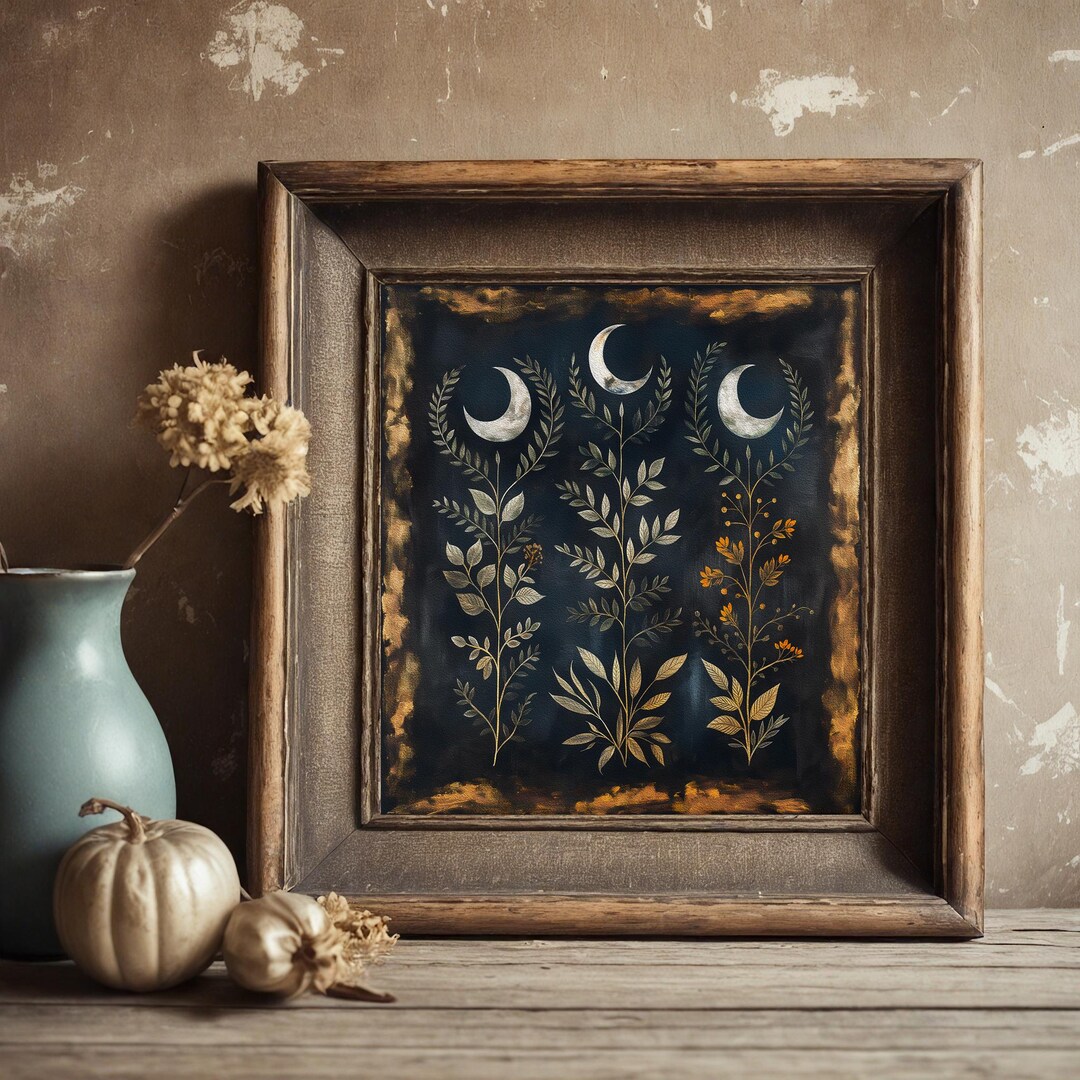 Botanical Folk Art Moon Painting | Crescent Moon Print or Canvas ...