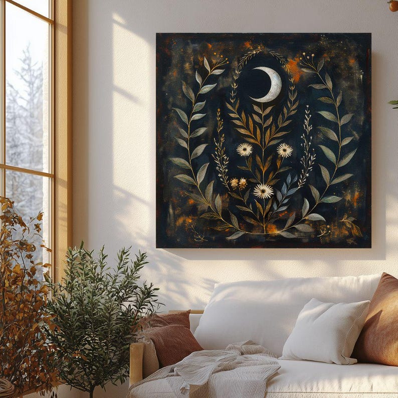 Botanical Folk Art Moon Painting Crescent Moon Print or Canvas ...