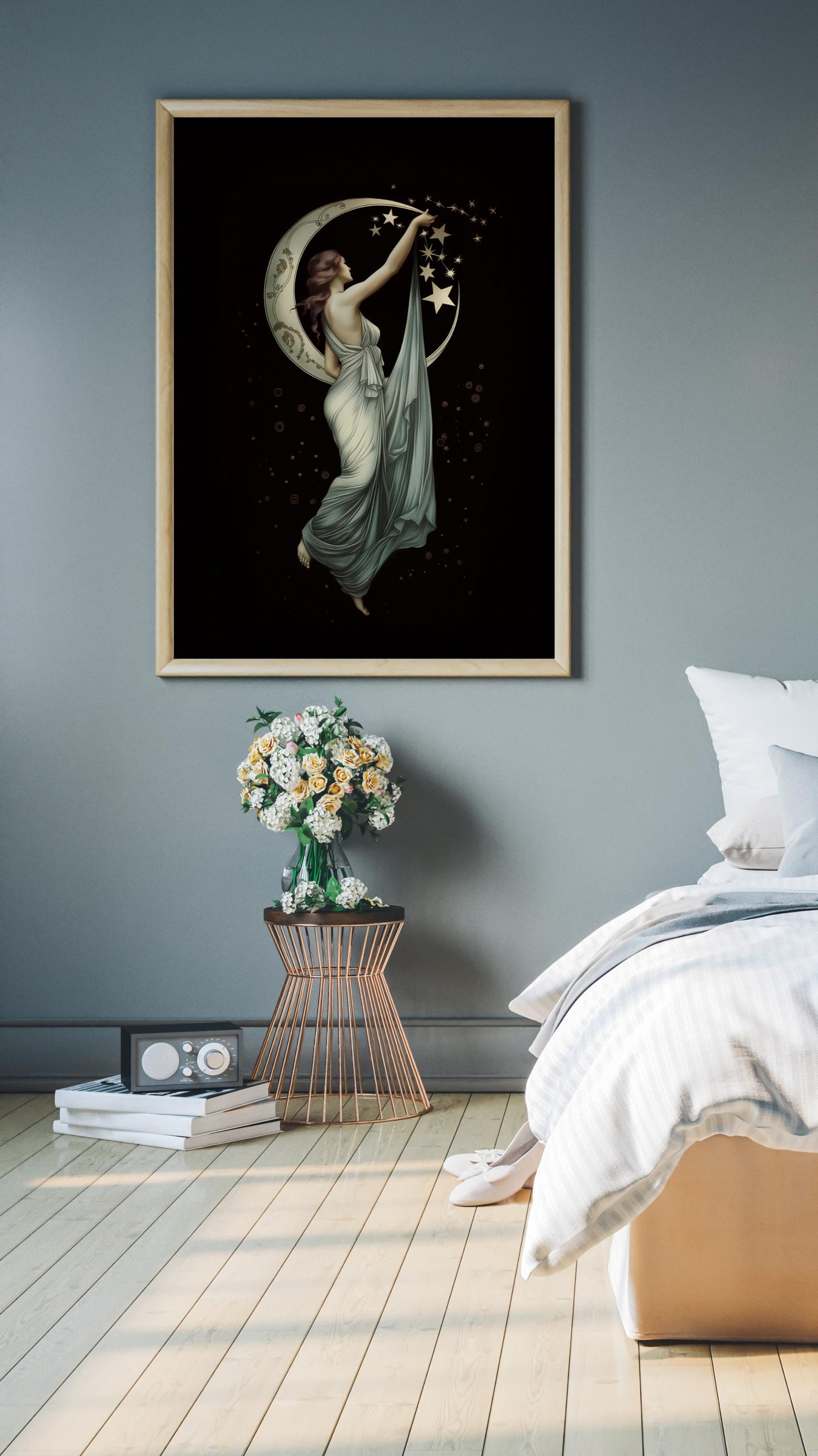 Vintage Style Art Nouveau Print, Retro Moon, Crescent Moon, Moon Witch ...