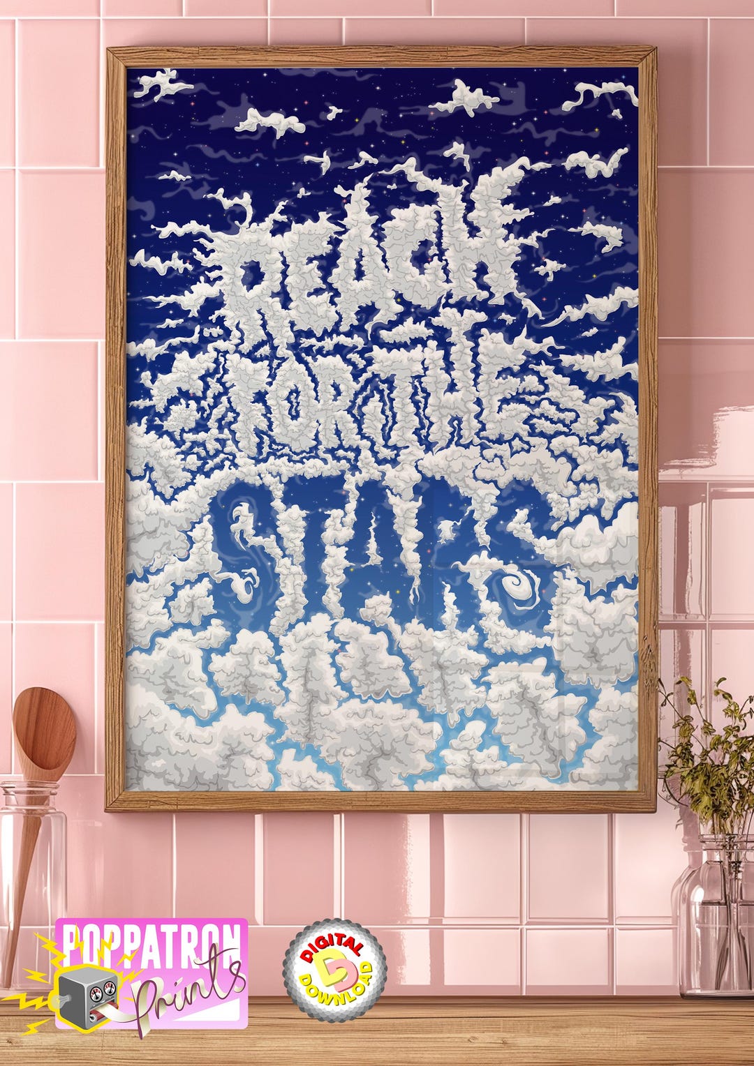 Reach for the Stars Motivational Quote, Cloud Artwork, Inspirational ...