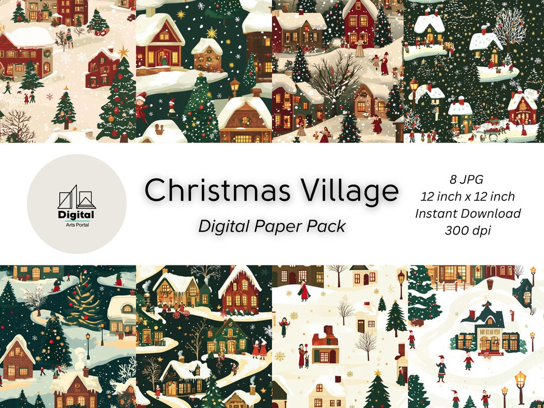 Christmas Village Digital Paper | Cozy Cottages Carolers Snow-covered ...