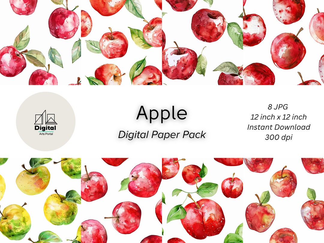 Watercolor Apple Digital Paper Pack | Cute Fruit Designs | Printable ...