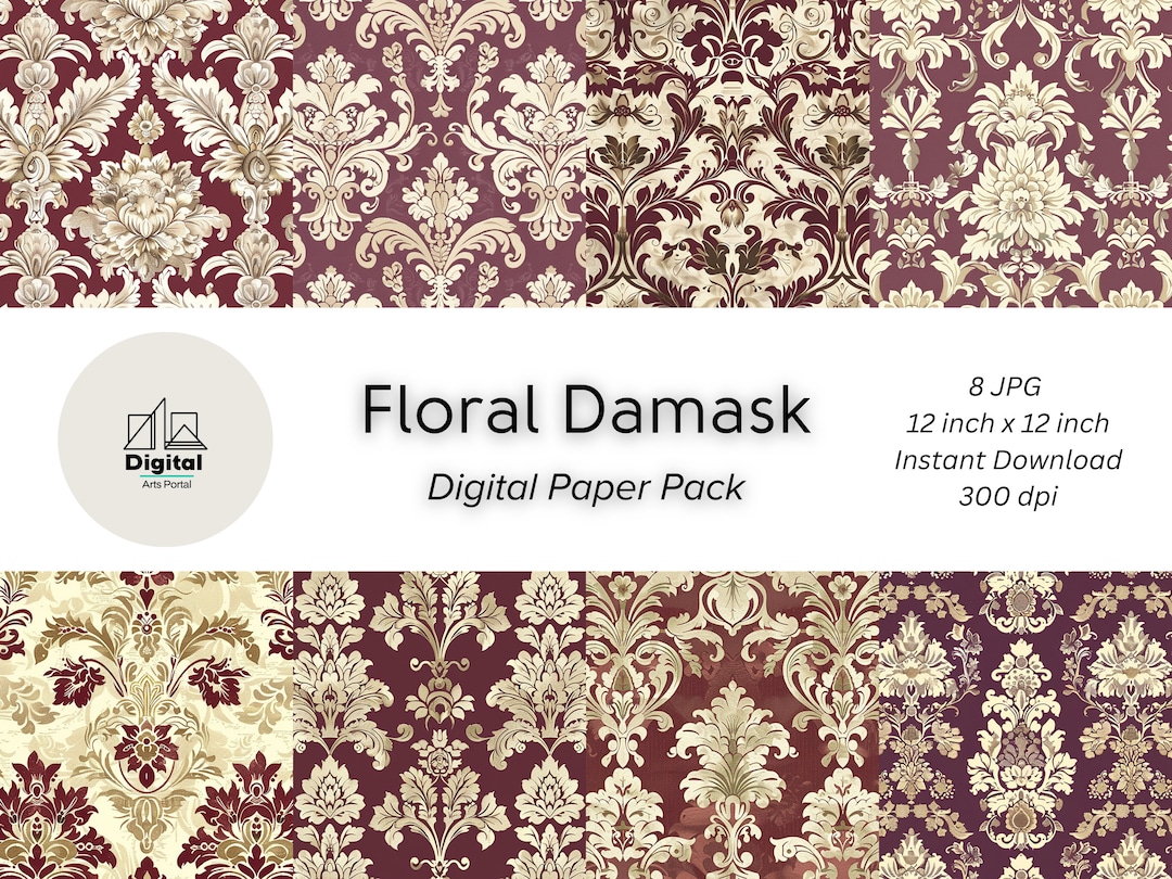 Victorian Floral Damask Digital Paper Pack | Ornate Filigree Pattern ...