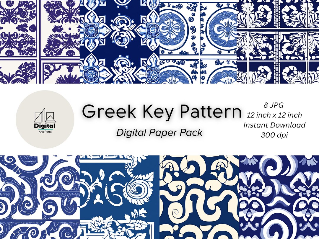 Greek Key Digital Paper Pack | Deep Blue & White Mediterranean Patterns ...