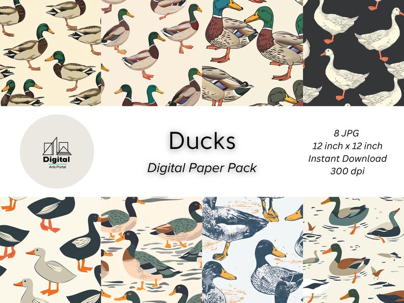 Illustrated Ducks Digital Paper Pack Cute Duck Graphics Duck Digital ...