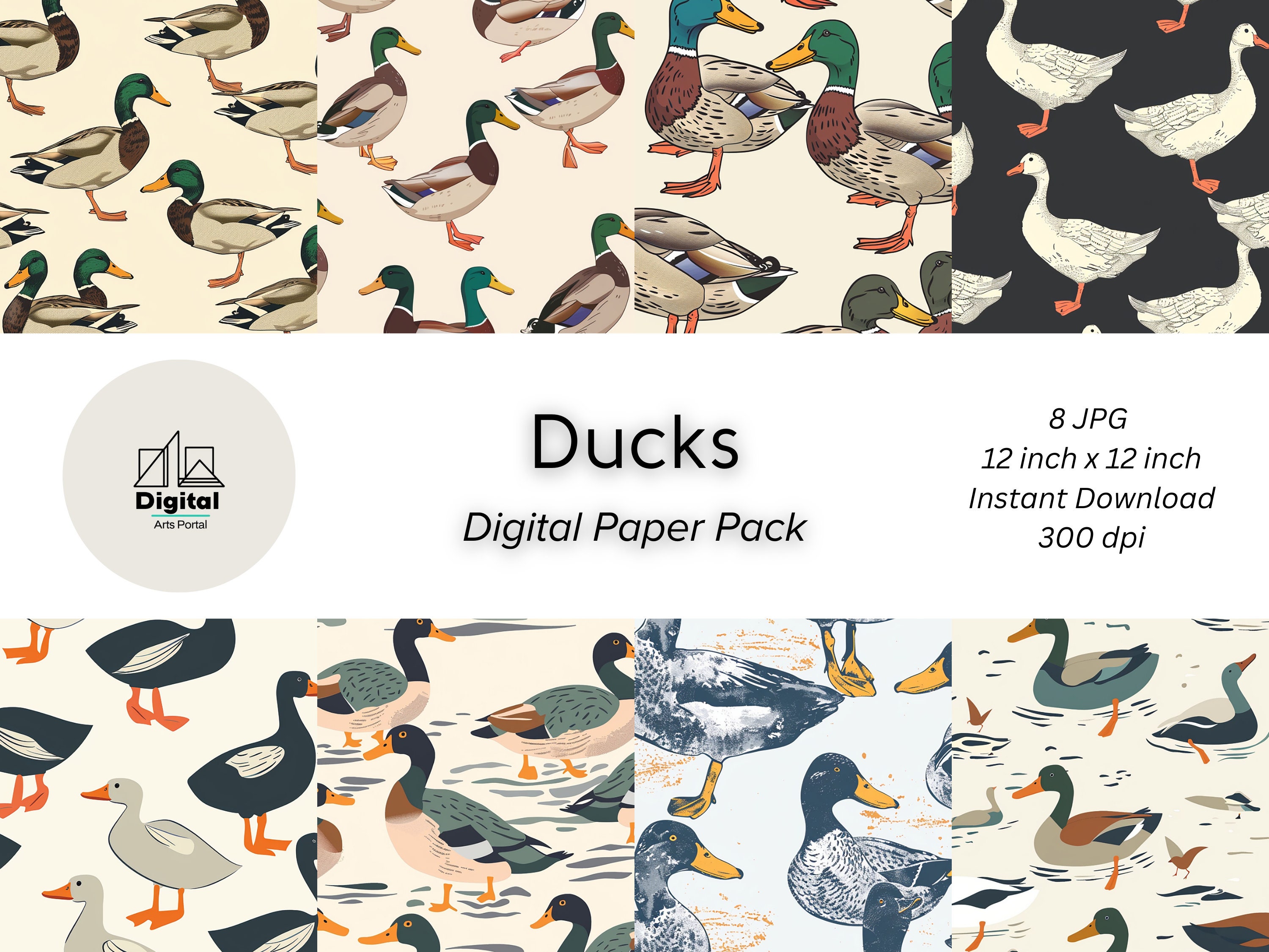 Illustrated Ducks Digital Paper Pack Cute Duck Graphics Duck Digital ...