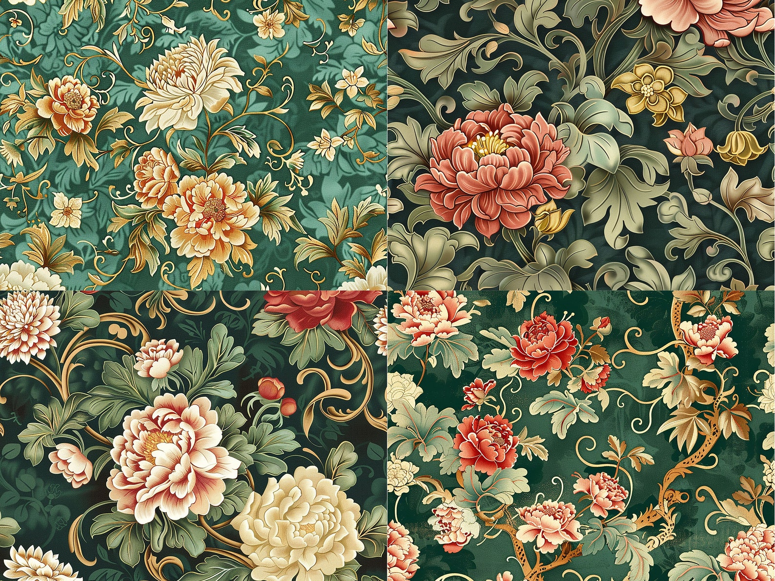 Chinese Floral Scrolls Digital Paper Pack | Peonies and Chrysanthemums ...