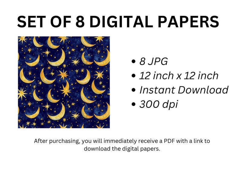 Celestial Moons & Stars Digital Paper Pack: Gold Midnight Blue (instant ...