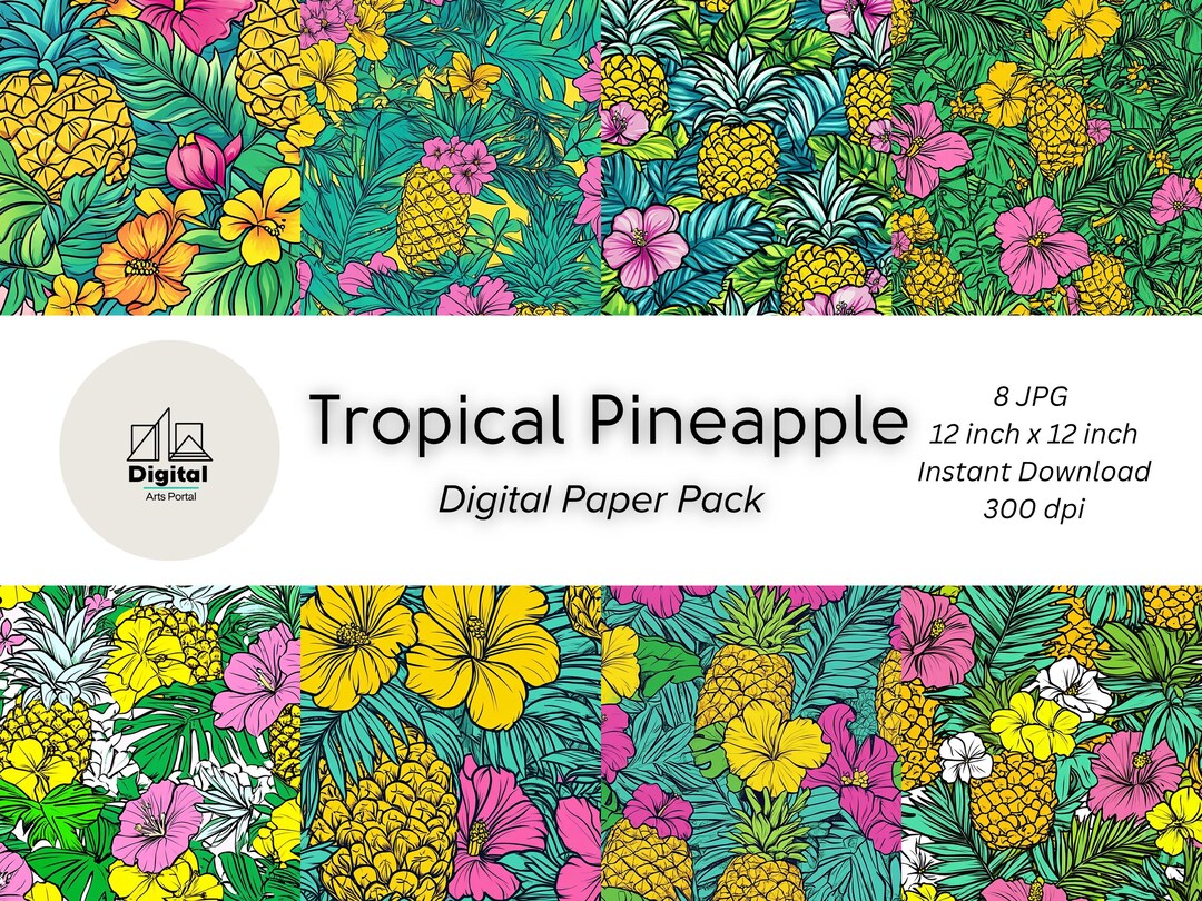 Tropical Paradise Digital Paper Pack | Pineapples, Hibiscus & Palm ...