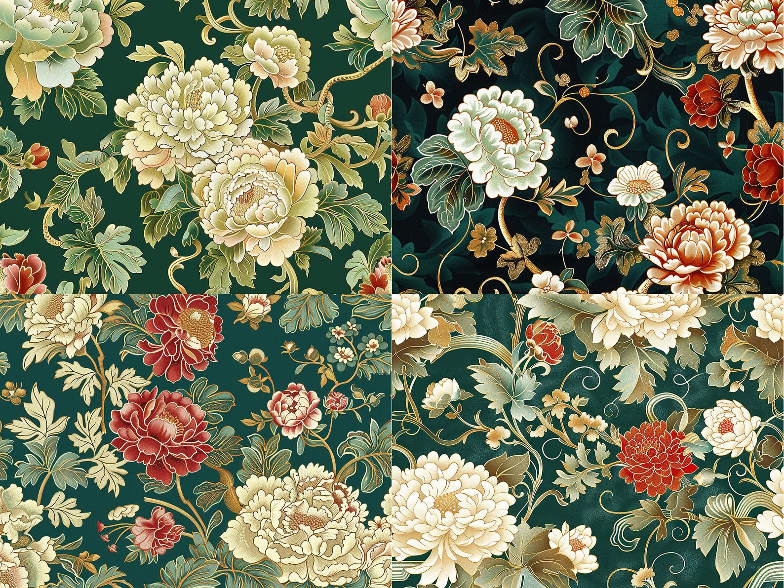 Chinese Floral Scrolls Digital Paper Pack | Peonies and Chrysanthemums ...