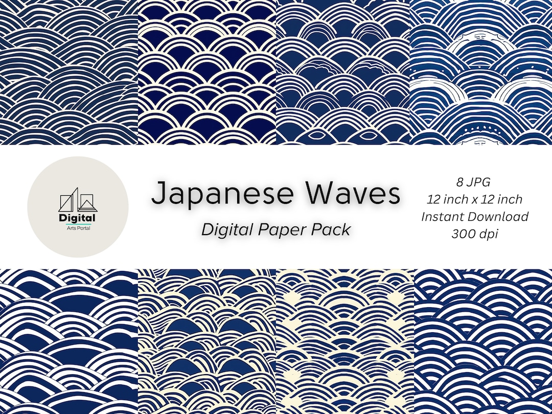 Japanese Seigaiha Wave Digital Paper Pack: Seamless Indigo Patterns ...
