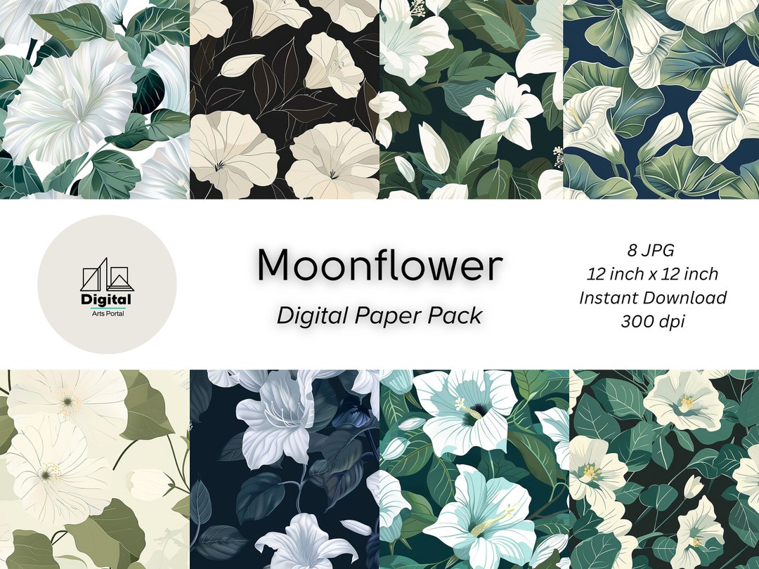 Moonflower Digital Paper Pack | White Floral Art | Printable Floral Art ...