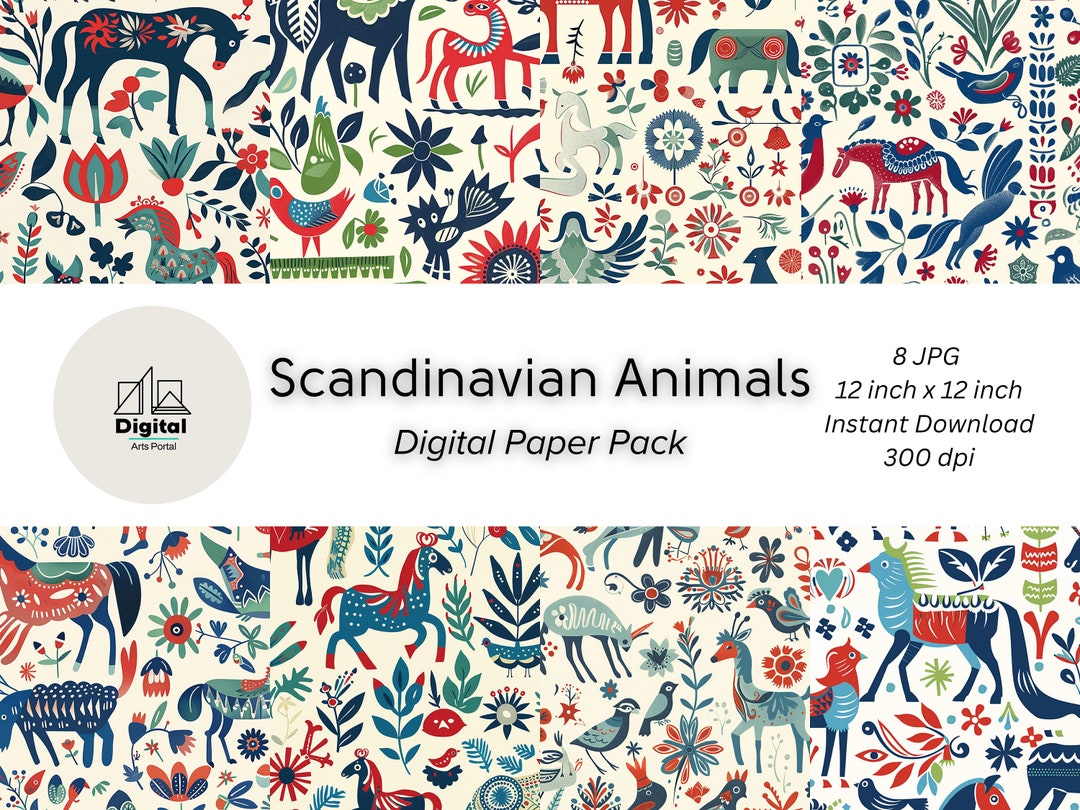 Scandinavian Folk Art Animals Digital Paper Pack Scandinavian Animal ...