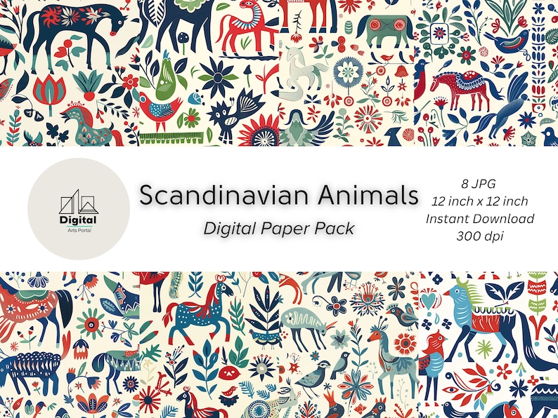 Scandinavian Folk Art Animals Digital Paper Pack Scandinavian Animal ...